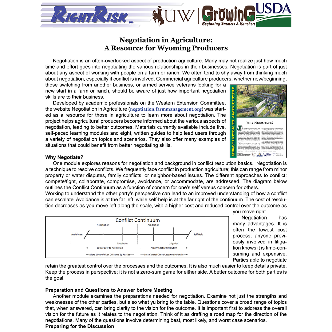 Negotiation in Agriculture: A Resource for Wyoming Producers | RightRisk.org/News